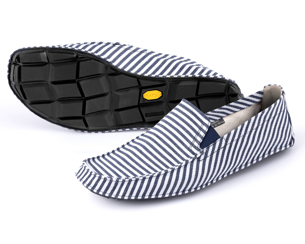 One Quarter Mens Moc Canvas Stripes Blue White | Barefoot Junkie